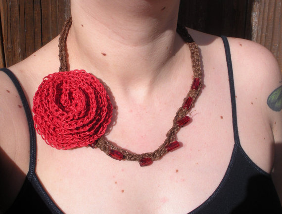 Hemp Crochet Necklace With Red Rose And Beading Detail, Ready To Ship ...